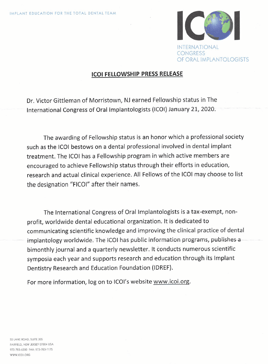 ICOI Fellowship Press Release | Dentist in Morristown, NJ